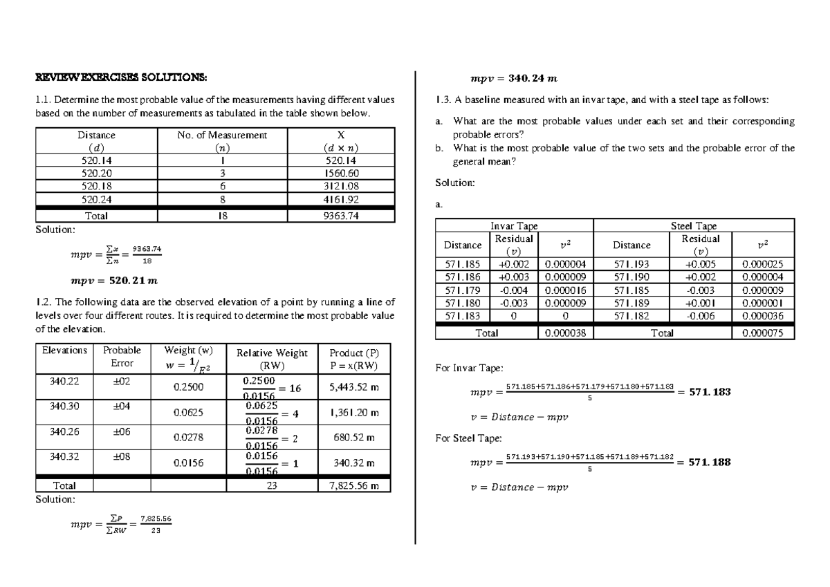 Module 1-Answers - FOS - REVIEW EXERCISES SOLUTIONS: Determine the most probable value of the ...