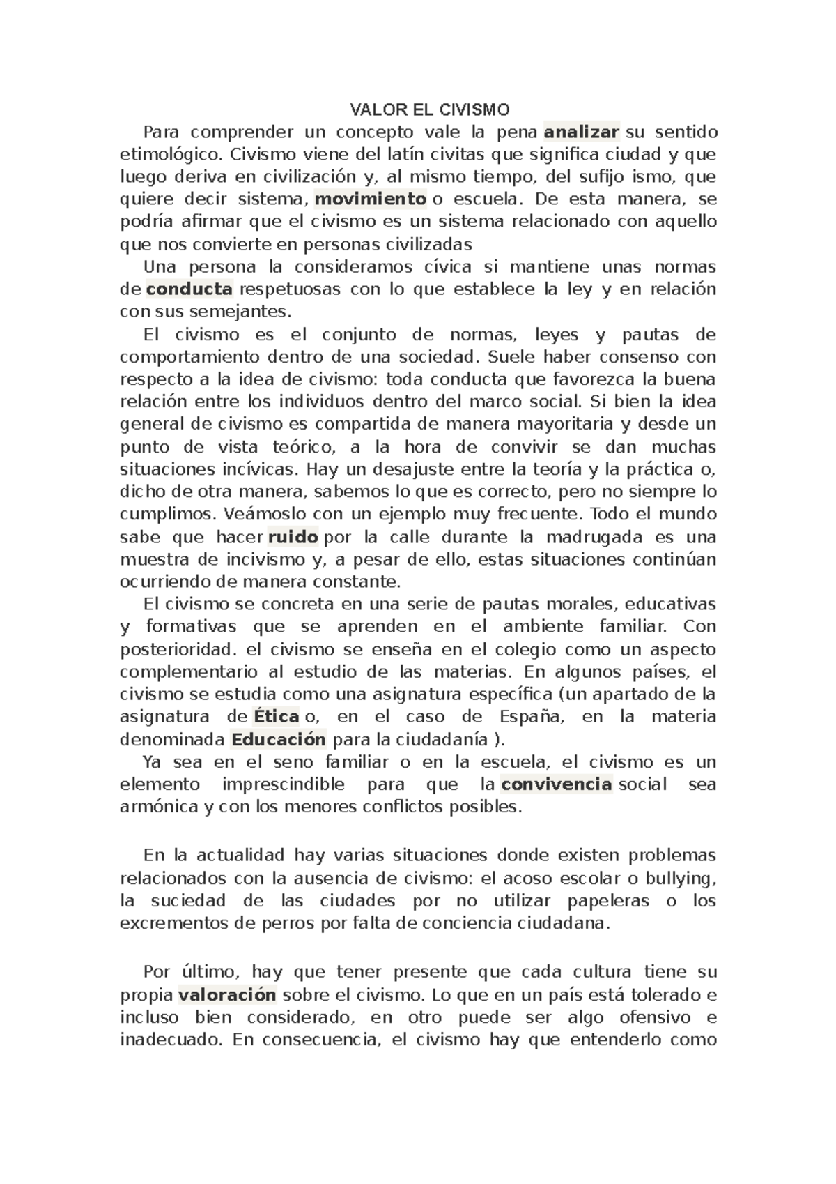 Civismo - apuntes - VALOR EL CIVISMO Para comprender un concepto vale ...