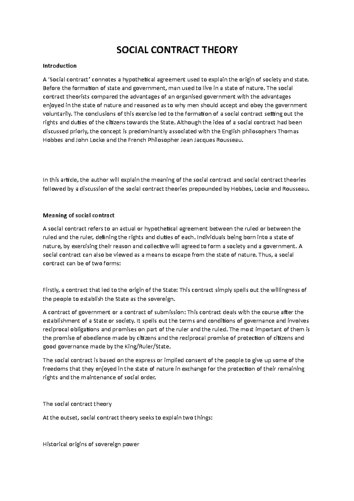 Social contract theory - SOCIAL CONTRACT THEORY Introduction A ‘Social ...