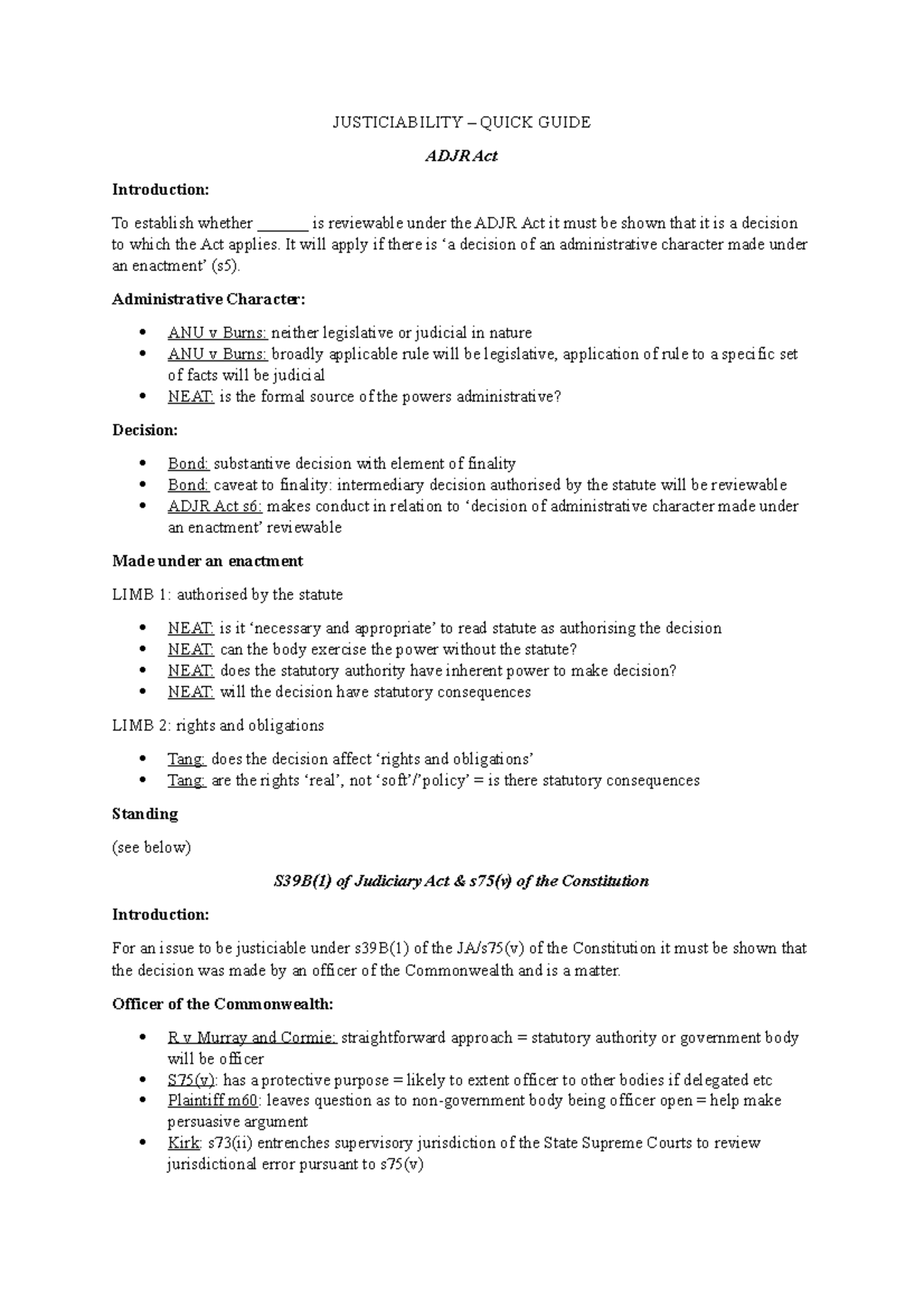 Justiciability - Summary of justicibiality under admin law ...