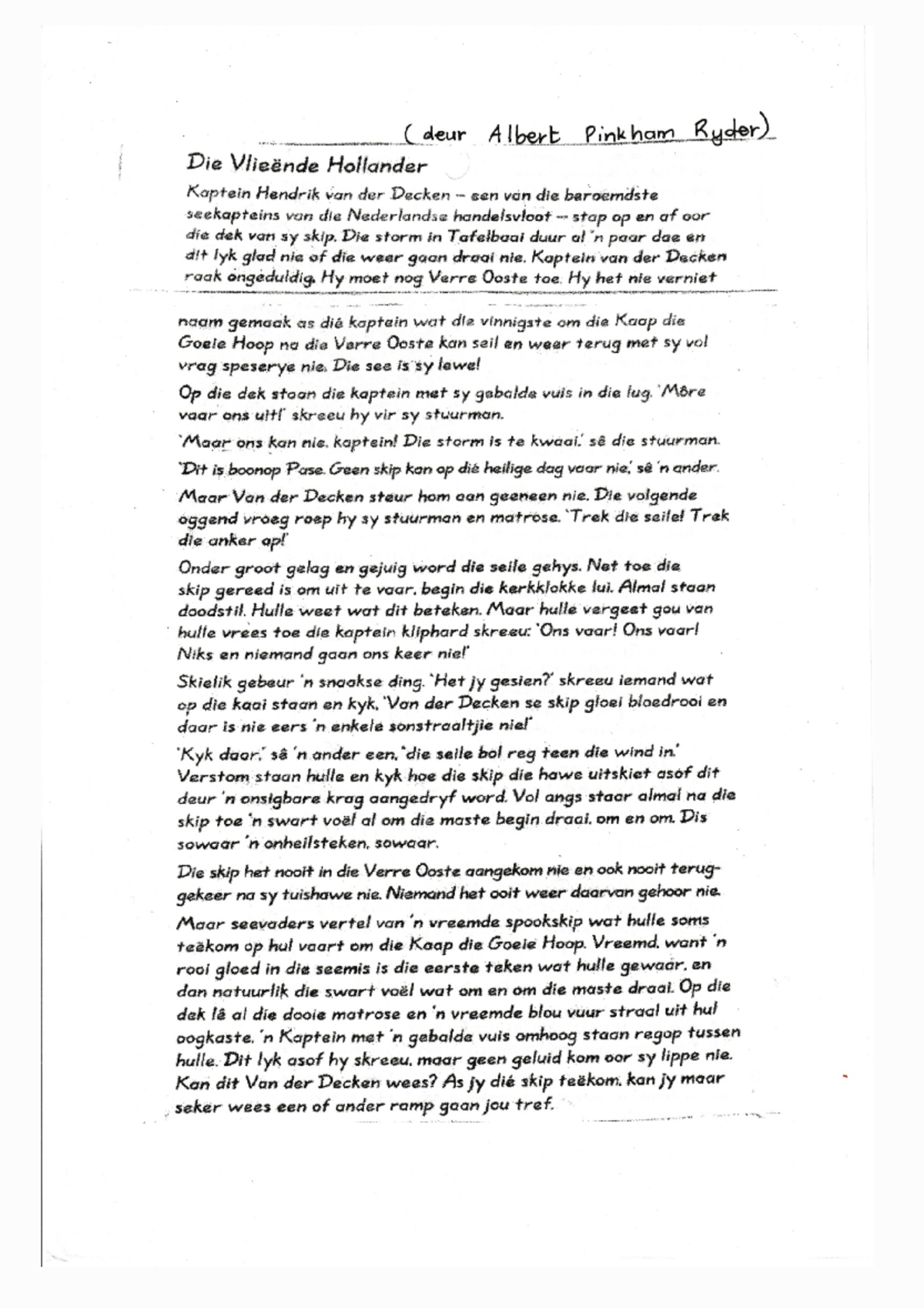 Afrikaans Short story - (deur Albert Pink ham Ryder) Die Vlieende ...