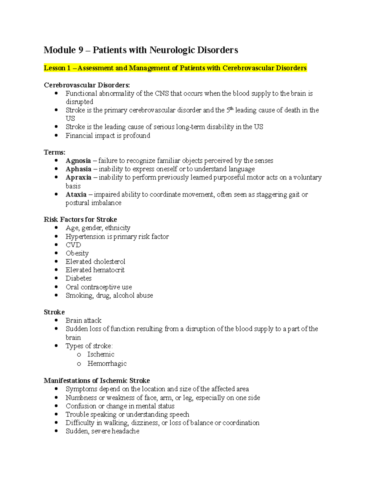Adults 1 Mod 9 - Module 9 notes - Module 9 – Patients with Neurologic ...