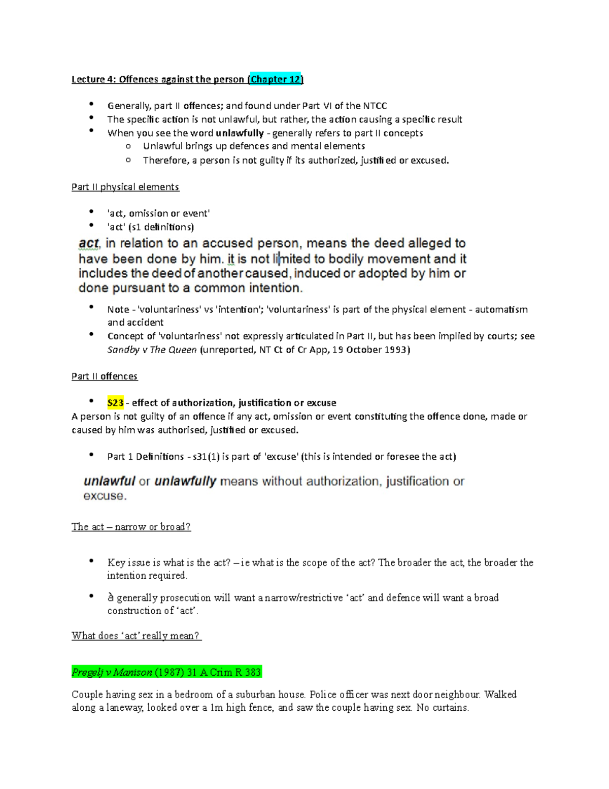 Lecture 4 notes - Lecture 4: Offences against the person (Chapter 12 ...