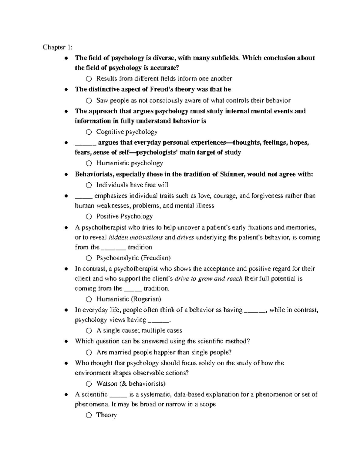 Psych Review - Chapter 1: The field of psychology is diverse, with many ...