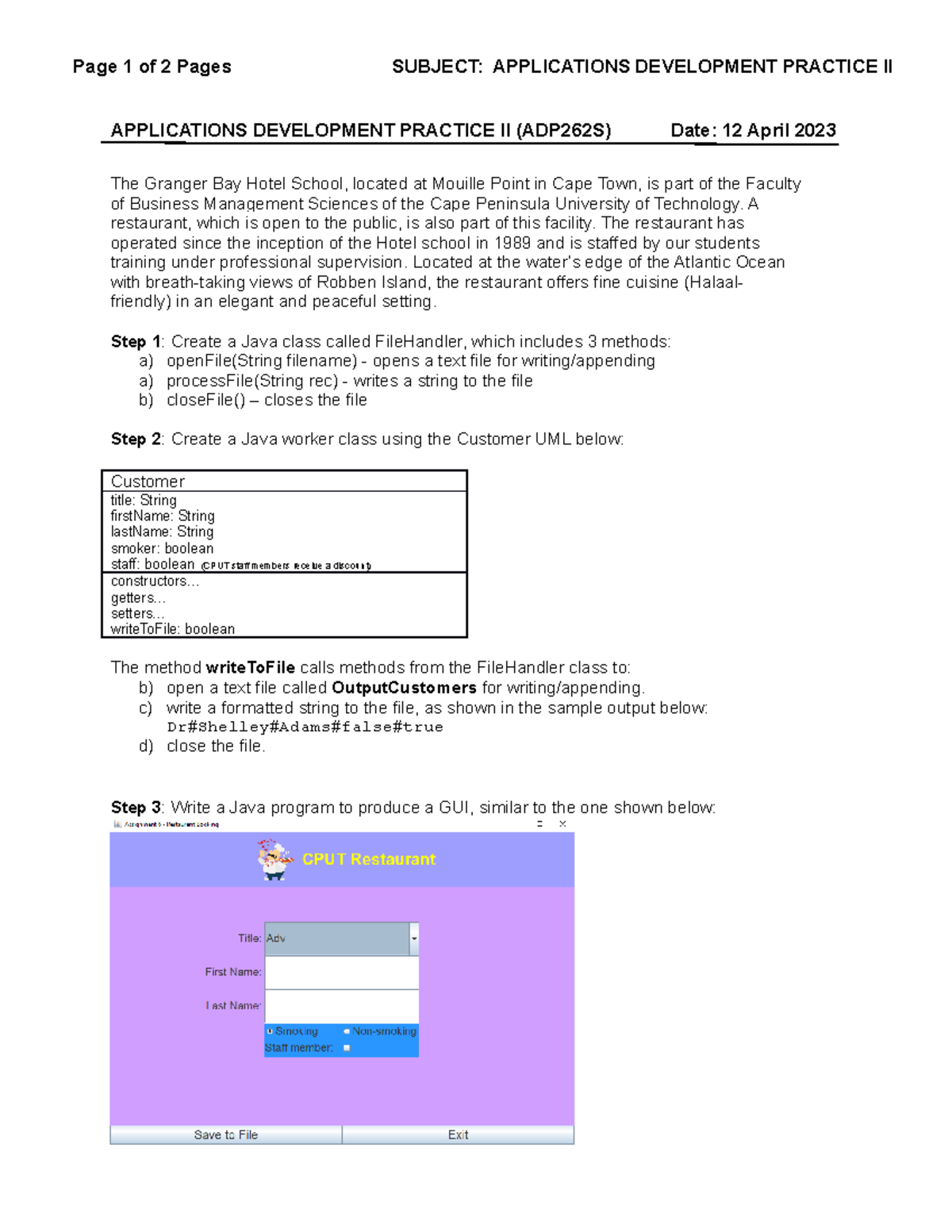 ADP2-File writing Prac - Page 1 of 2 Pages SUBJECT: APPLICATIONS ...