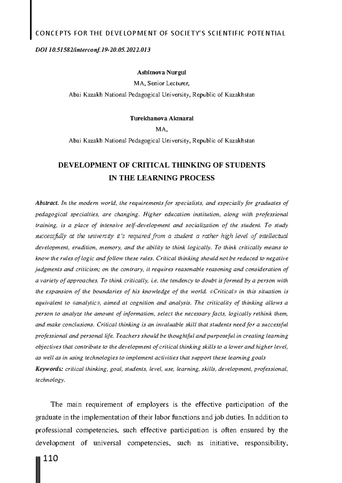 Development OF Critical Thinking OF Students IN TH - CONCEPTS FOR THE ...