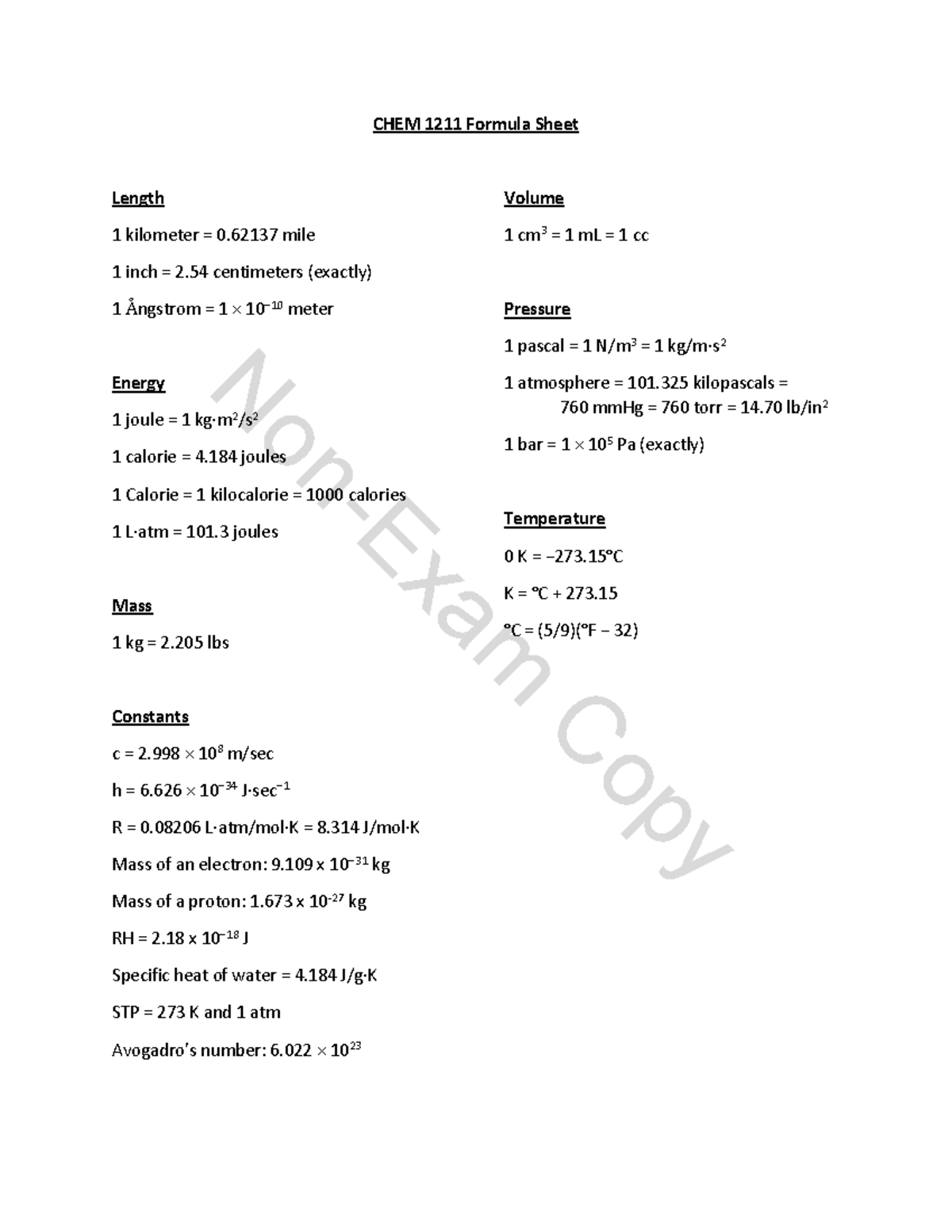 CHEM 1211 Formula Sheet - Non-Exam Copy CHEM 1211 Formula Sheet Length ...