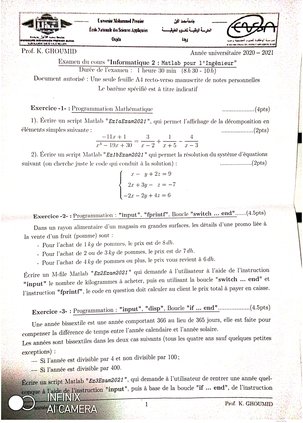 Examen Matlab 2020-2021 - Algorithmique et langage C - Studocu