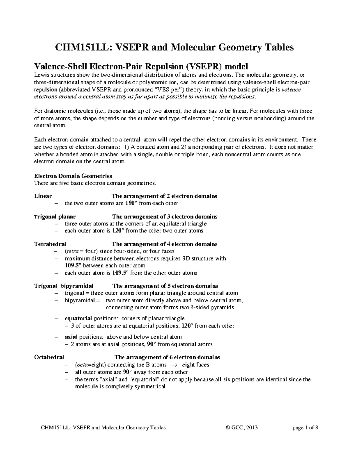 Vsepr and Molecular Shapes Tables 2013 - CHM151LL: VSEPR and Molecular ...