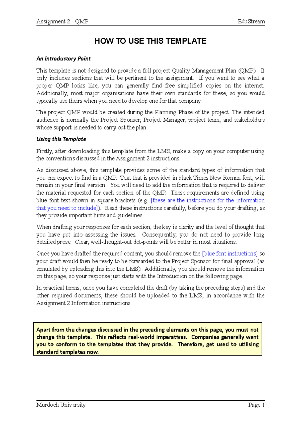 Assignment 2-QMP-Template F - HOW TO USE THIS TEMPLATE An Introductory ...