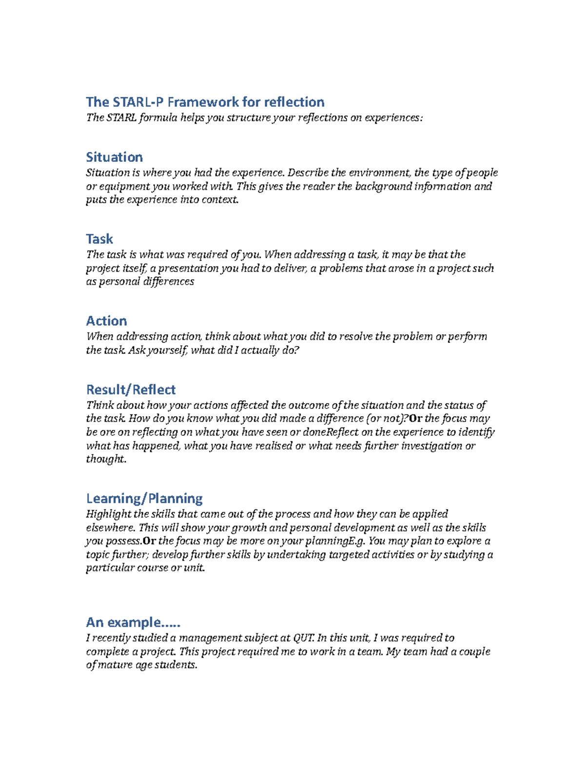 The Starl-P Framework - QUT - The STARL-P Framework for reflection The ...