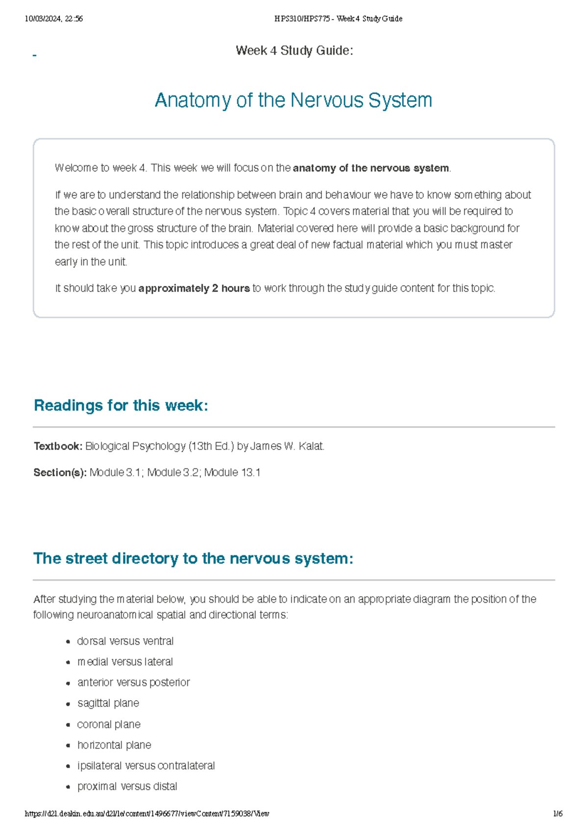 HPS310 Week 4 - Study Guide - Week 4 Study Guide: Anatomy of the ...