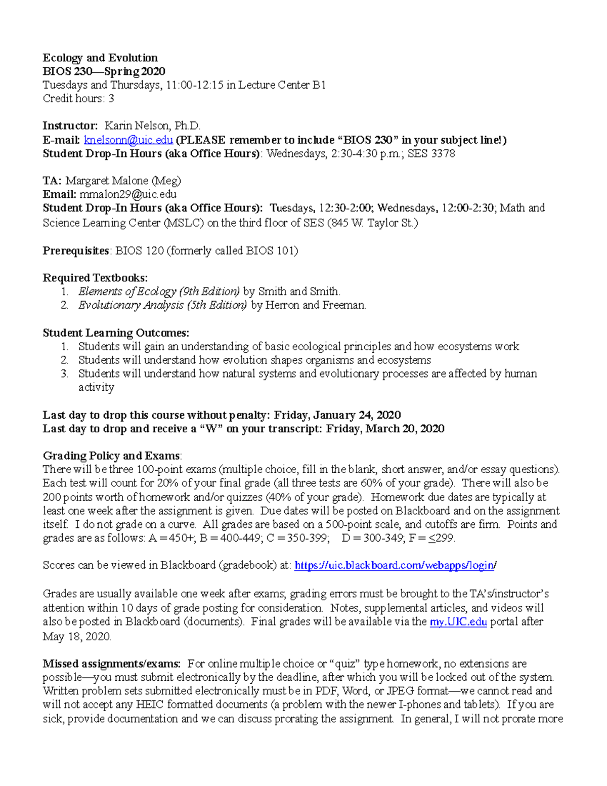 Syllabus BIOS 230 Spring 2020 - Ecology and Evolution BIOS 230—Spring ...