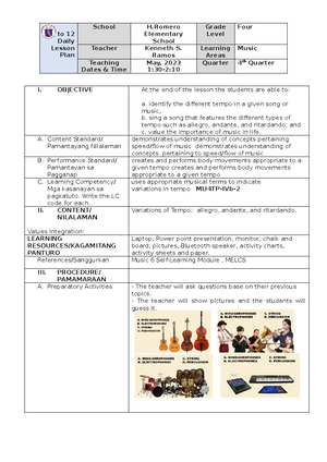 COT, 4TH Quarter Music - LESSON PLANS - I. OBJECTIVE At the end of the ...