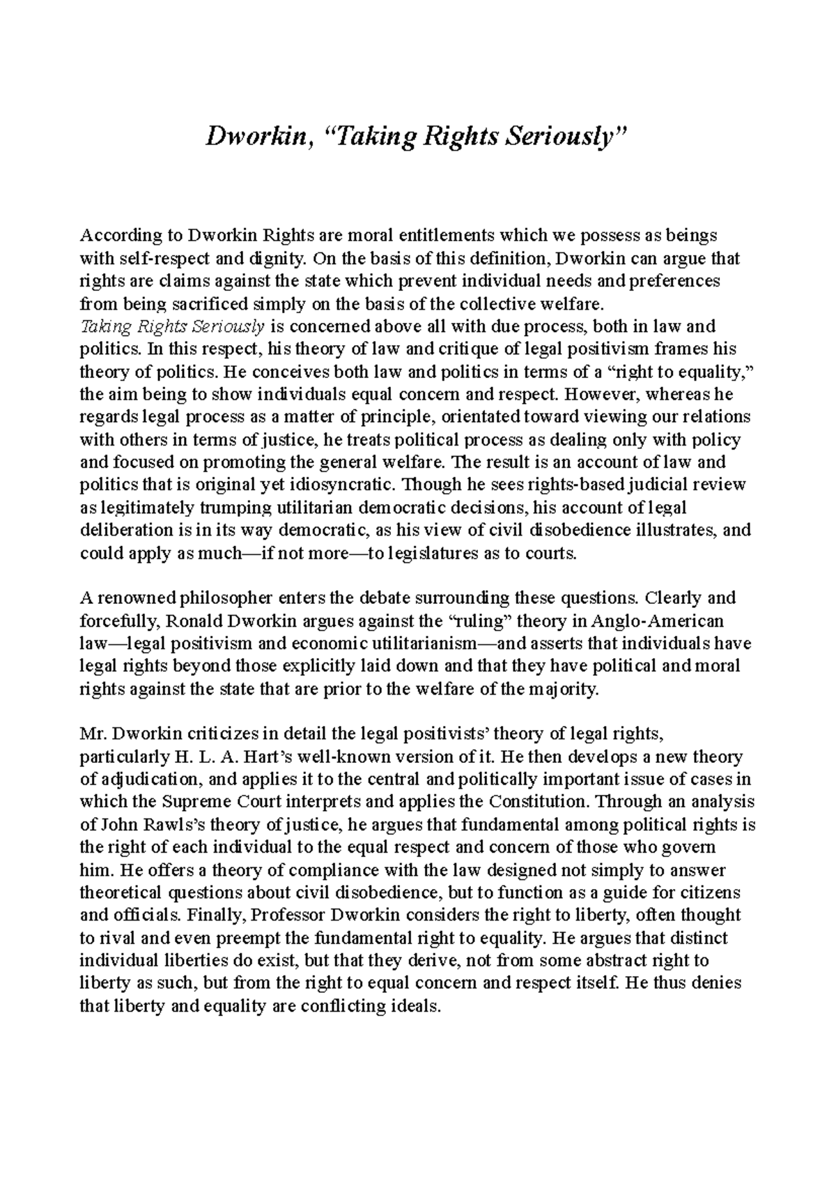 Dworkin- Taking rights seriously - Dworkin, “Taking Rights Seriously ...