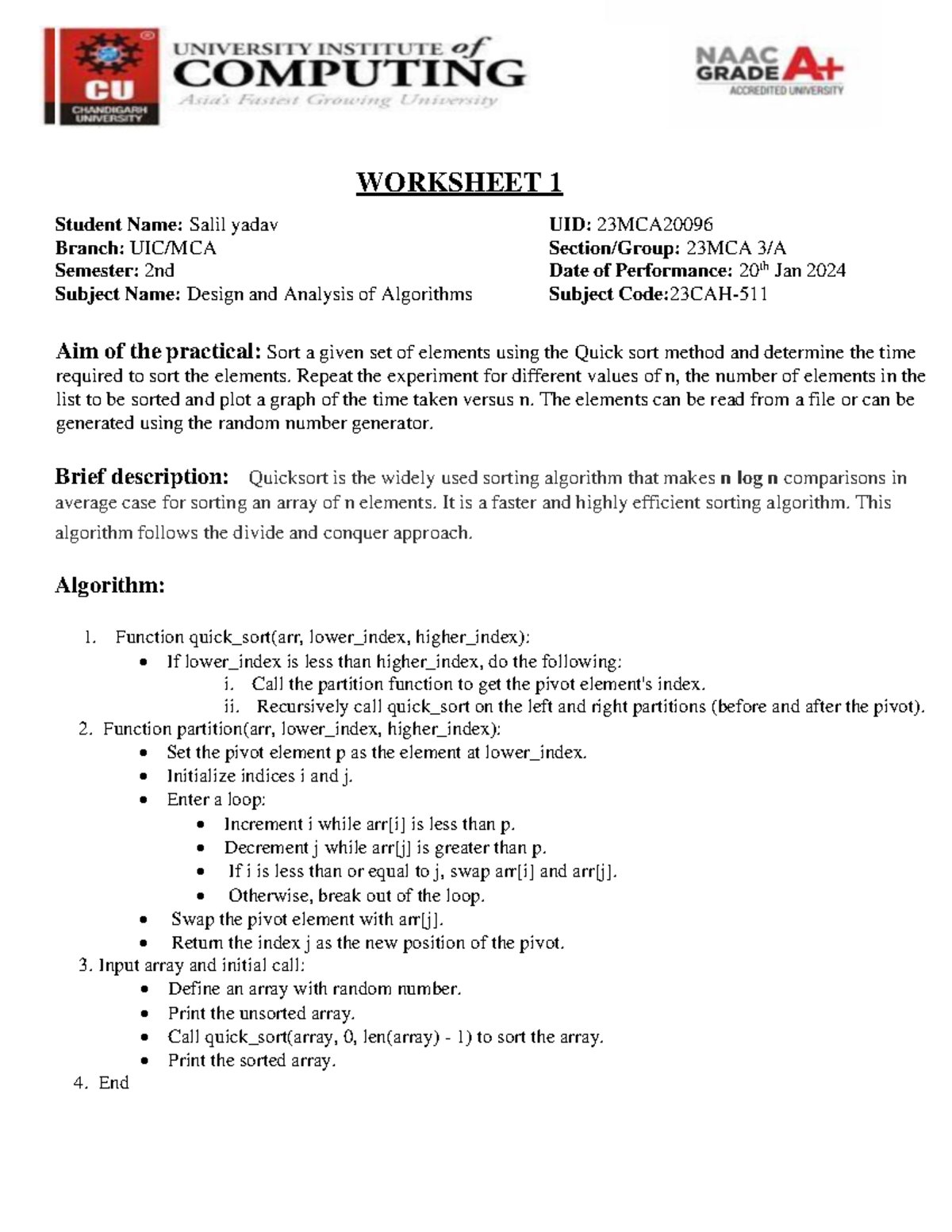 Dsasalil - kjjjjjjjjjjjj - WORKSHEET 1 Student Name: Salil yadav UID ...