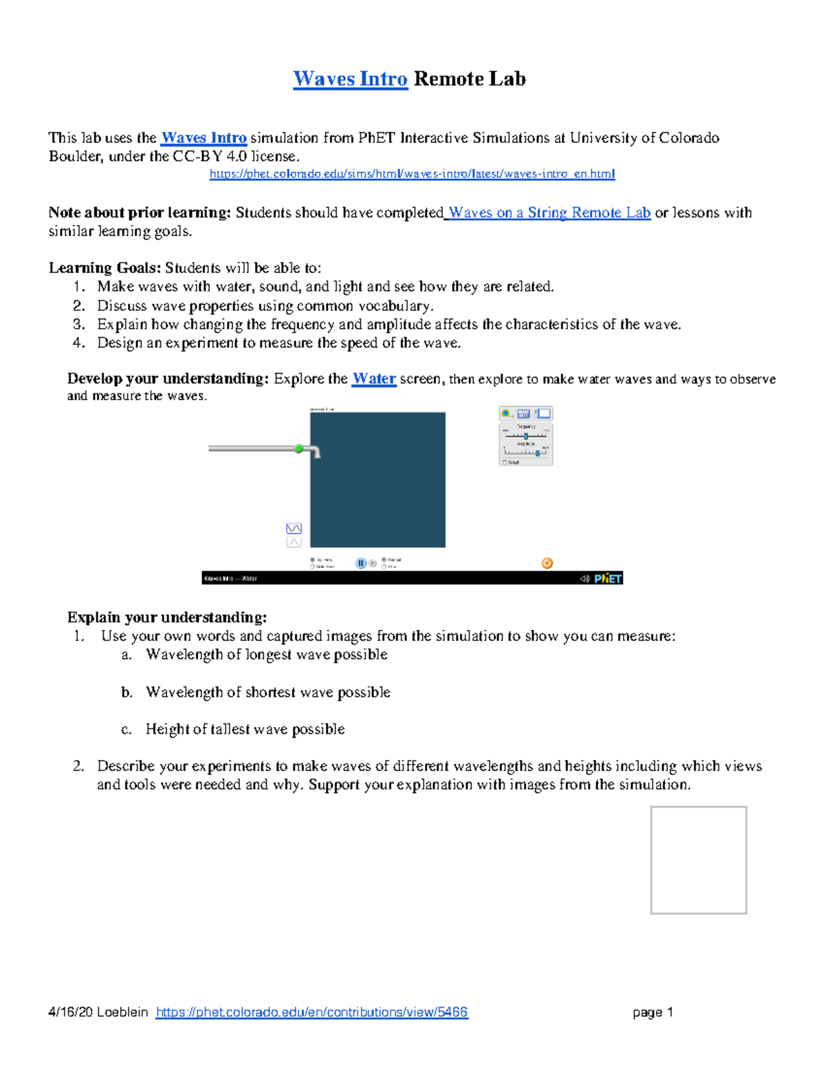 Waves Intro Virtual Lab - 4/16/20 Loeblein phet.colorado/en ...