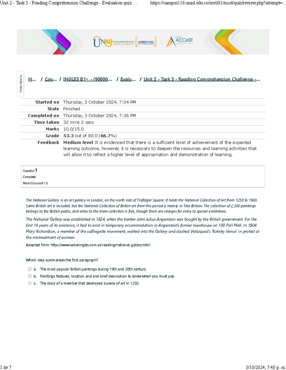 Unit 2 - Task 3 - Reading Comprehension Challenge - Evaluation quiz Attempt review Invil 81 ...
