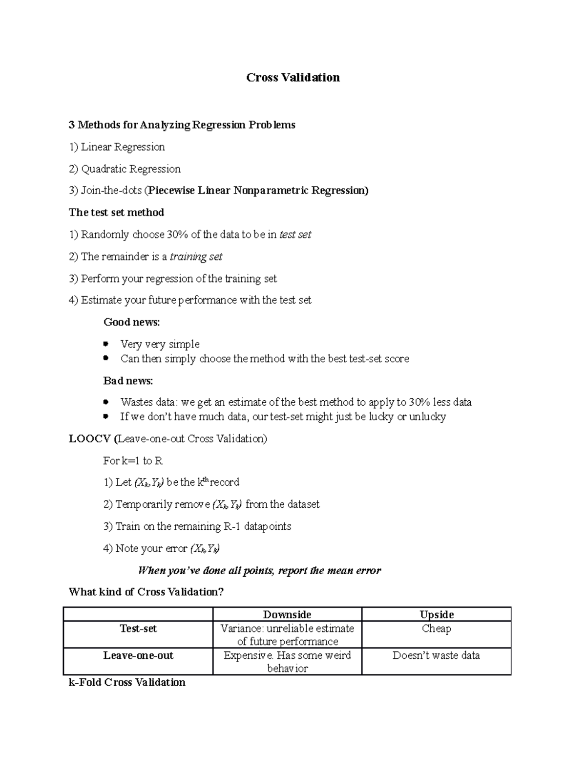 Cross Validation - Lecture notes 8 - Cross Validation 3 Methods for ...