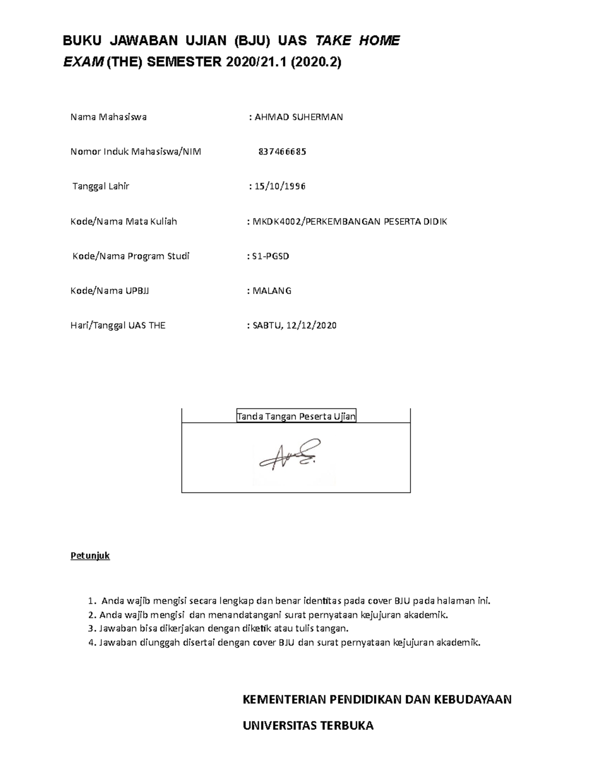 Mkdk4002 - Tanda Tangan Peserta Ujian BUKU JAWABAN UJIAN (BJU) UAS TAKE ...