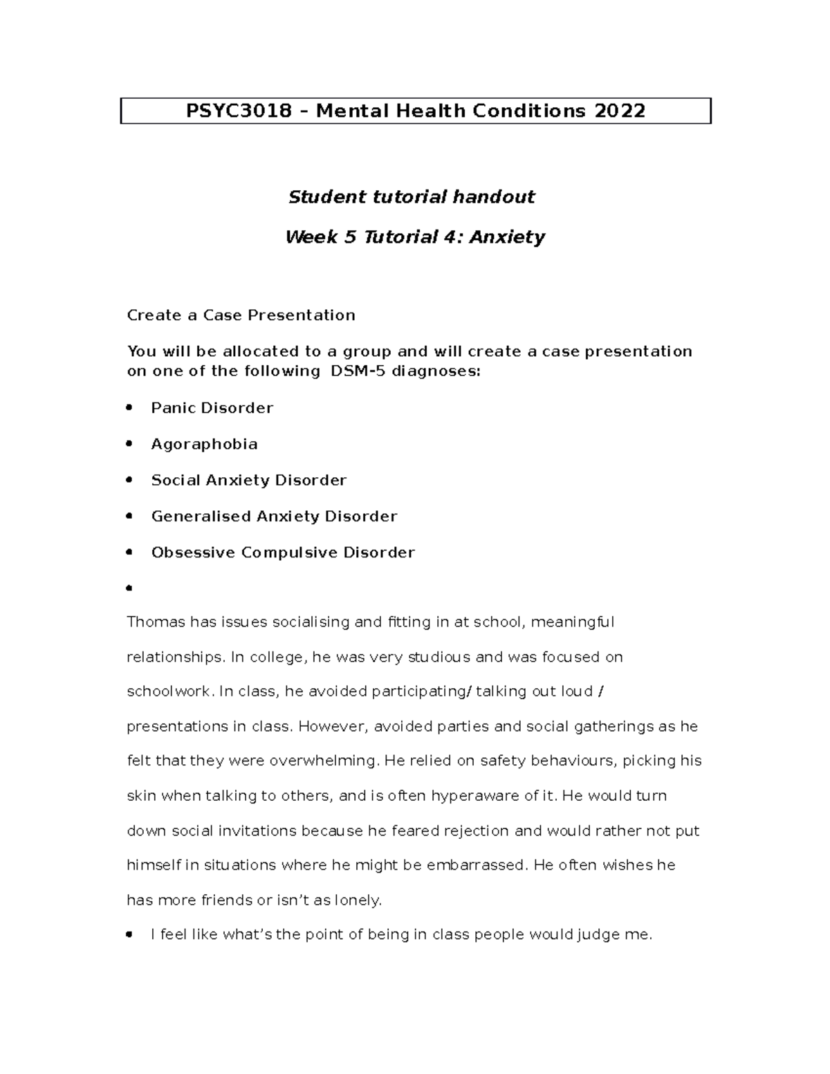tutorial 4 Anxiety psyc3018 worksheet - PSYC3018 - USyd - Studocu