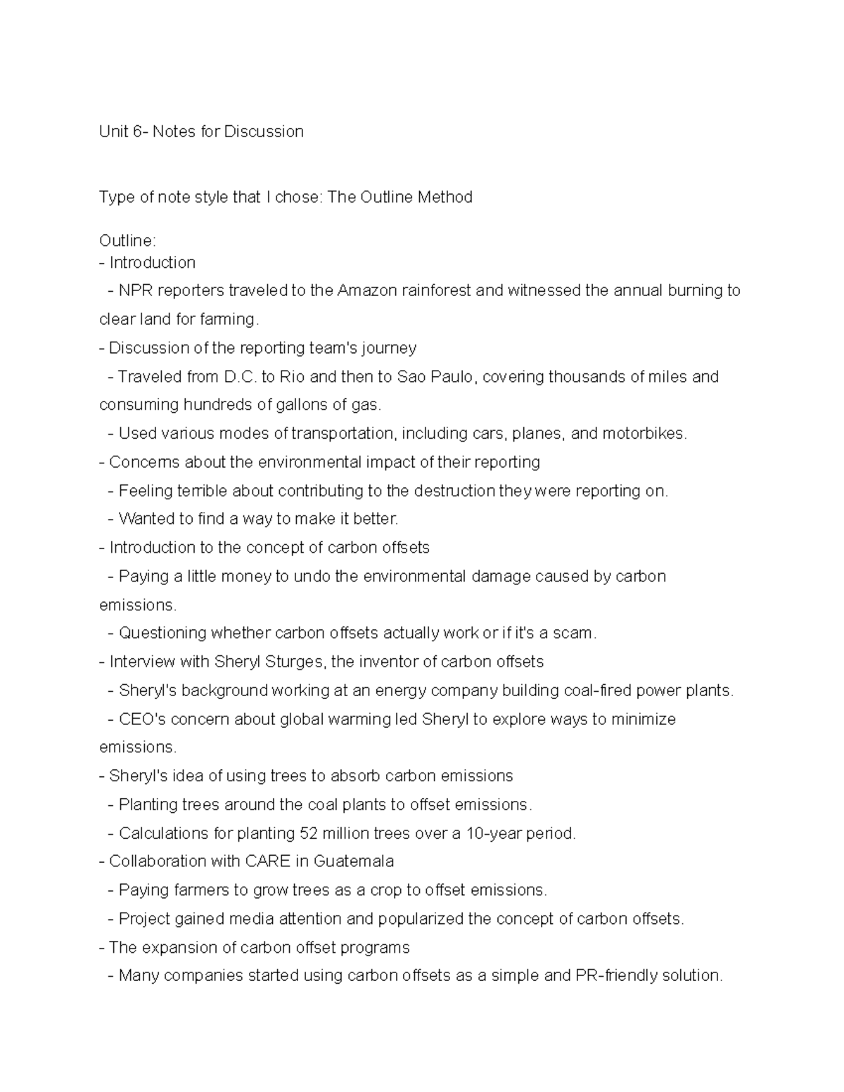 My Notes - Unit 6- Notes for Discussion Type of note style that I chose ...