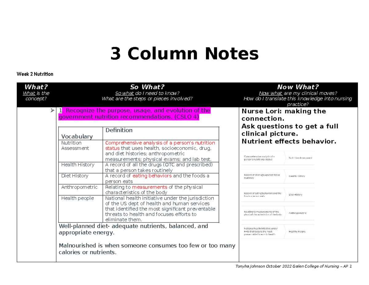 Week 2 Notes-Nutrition - 3 Column Notes Week 2 Nutrition What? What is ...