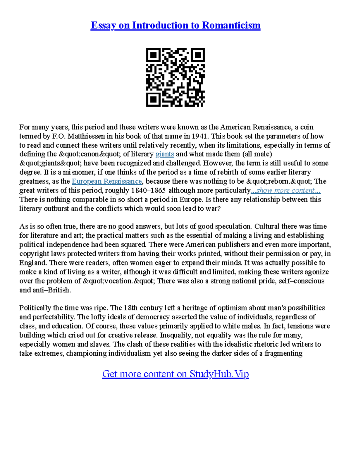Essay On Romanticism - Essay on Introduction to Romanticism For many ...