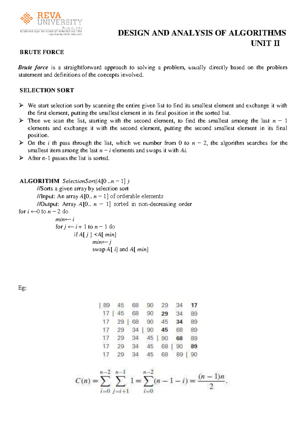 DAA UNIT 2 - UNIT II BRUTE FORCE Brute force is a straightforward ...