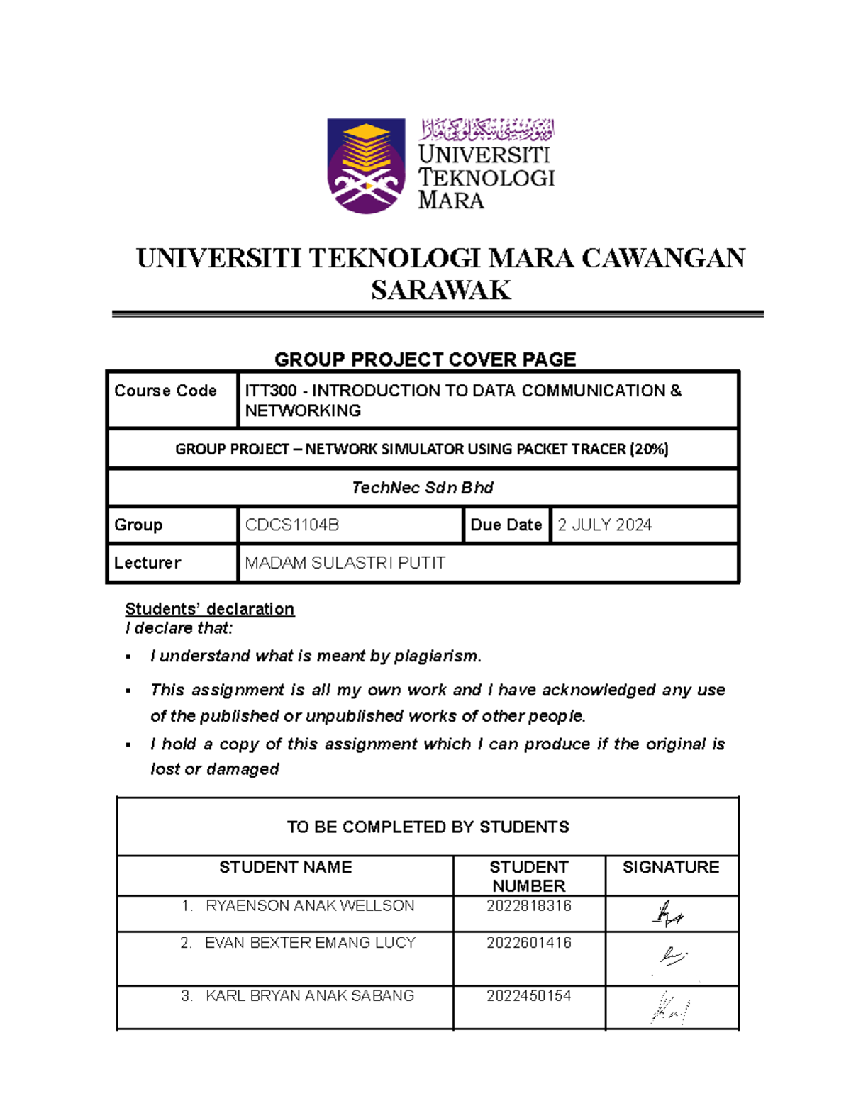 ITT300 Group Project - UNIVERSITI TEKNOLOGI MARA CAWANGAN SARAWAK GROUP ...