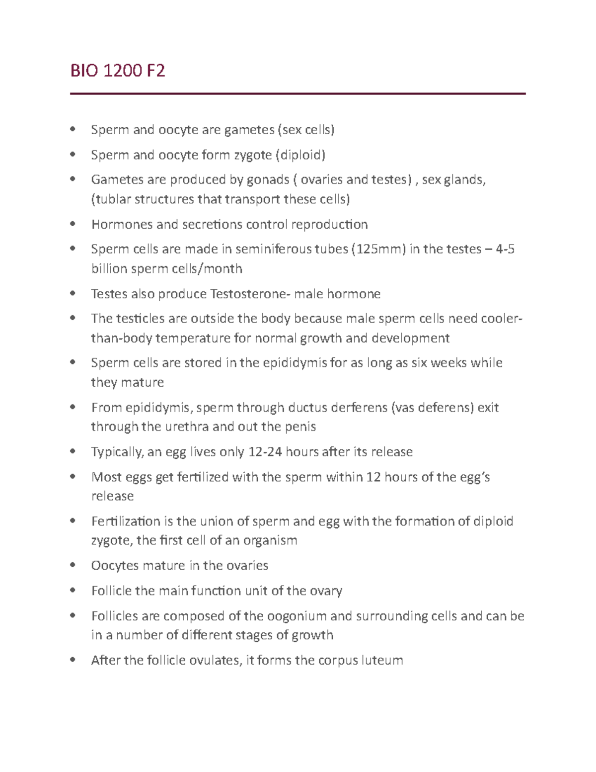 BIO 1200 F2 Notes 9:27:22 - BIO 1200 F Sperm and oocyte are gametes ...