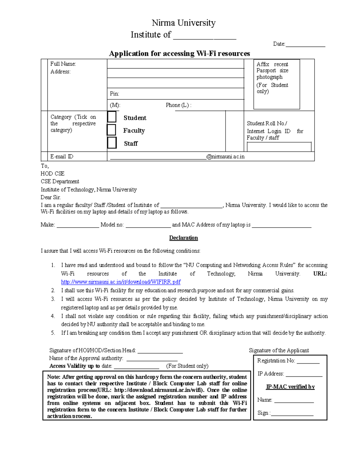 Application form wi fi New - Nirma University Institute of ...