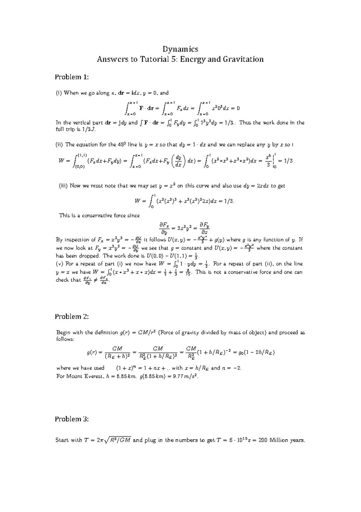 5 Energy and Gravitation TA - Dynamics Answers to Tutorial 5: Energy ...
