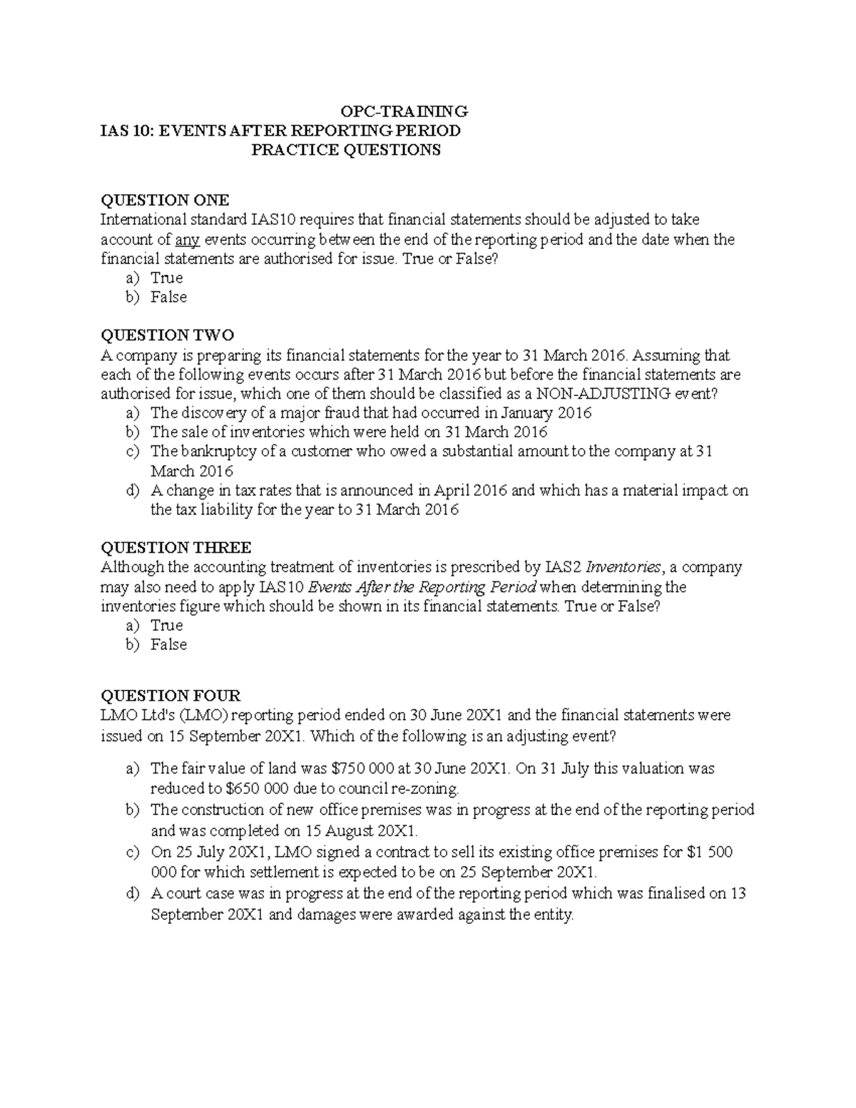 IAS 10 Practice Questions - OPC-TRAINING IAS 10: EVENTS AFTER REPORTING ...