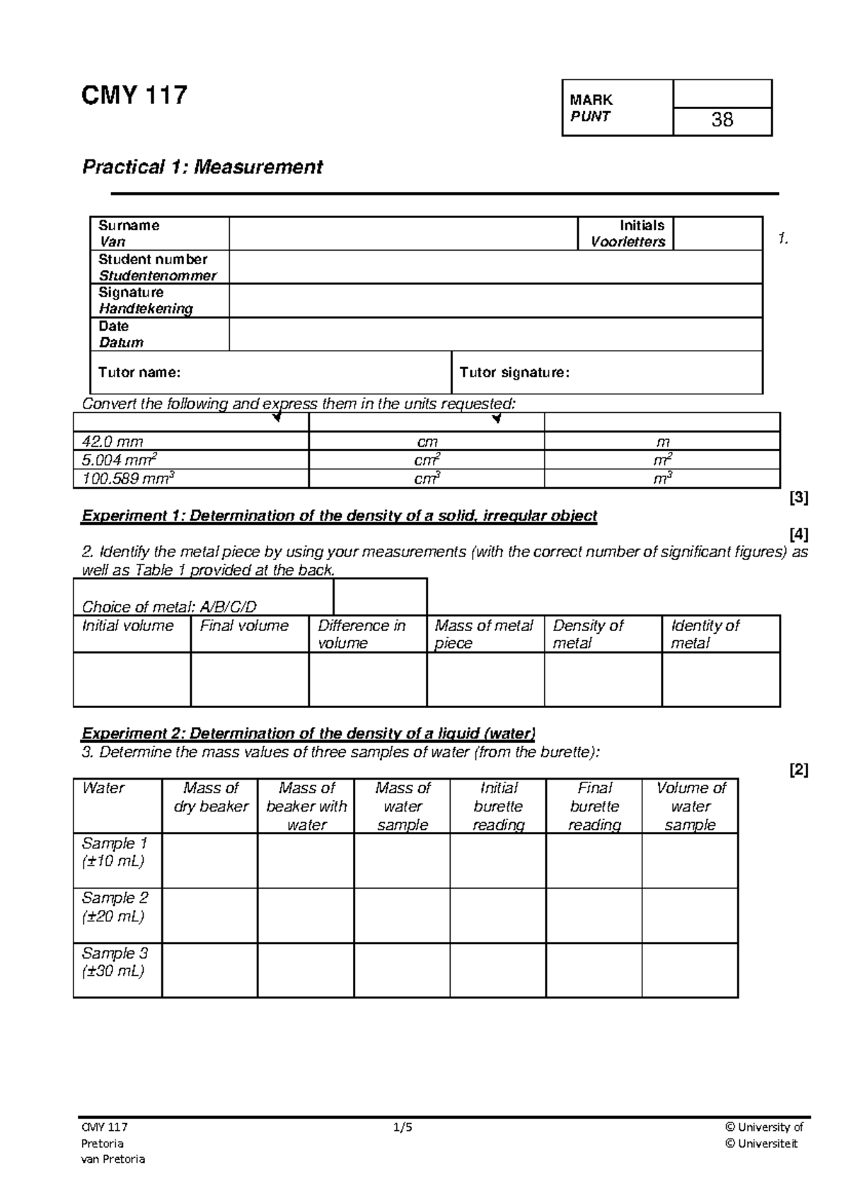 2024 CMY 117 Practical 1 Report Sheet - CMY 117 1 / 5 © University of ...