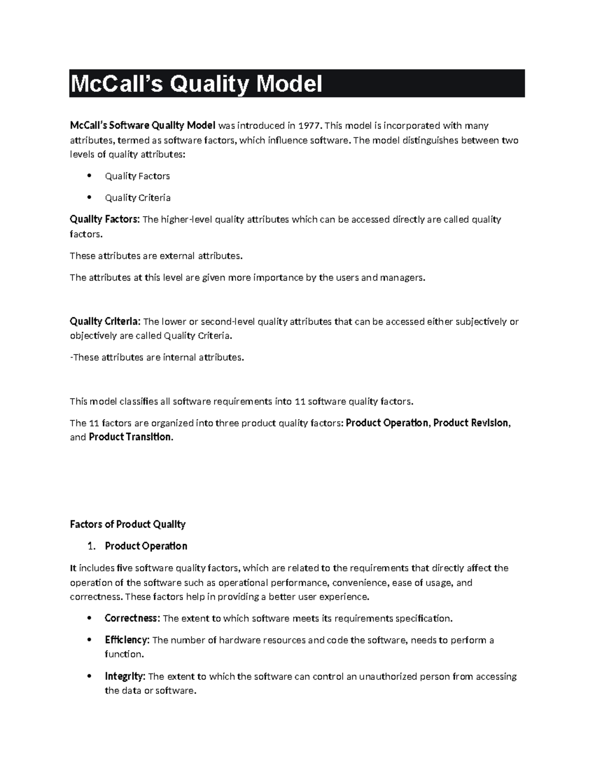 Mc Call - McCall’s Quality Model McCall’s Software Quality Model was ...