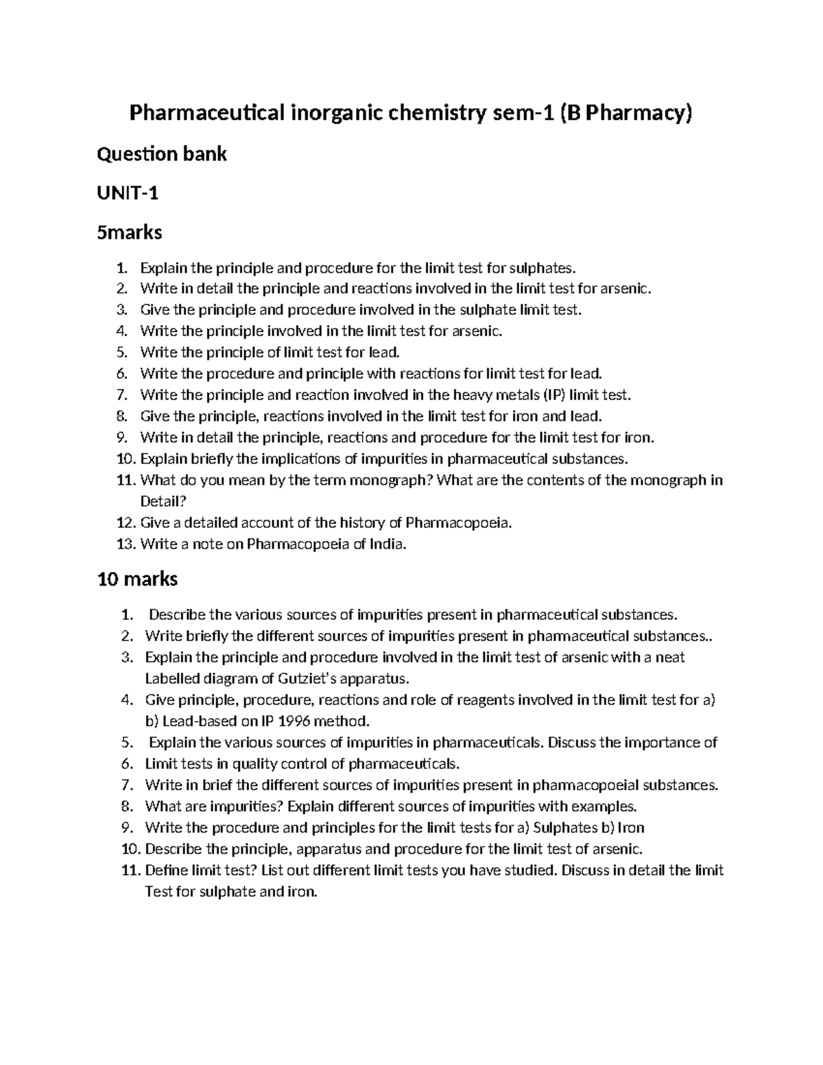 Question Bank, BP102T, Pharmaceutical Inorganic Chemistry ...