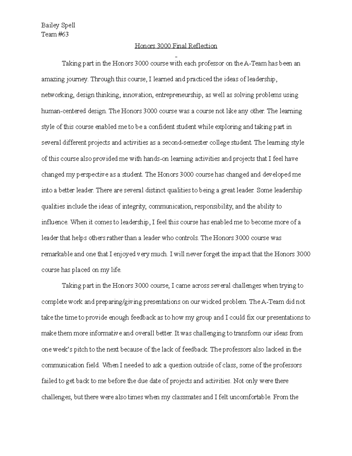 Final Reflection paper - Bailey Spell Team # Honors 3000 Final ...
