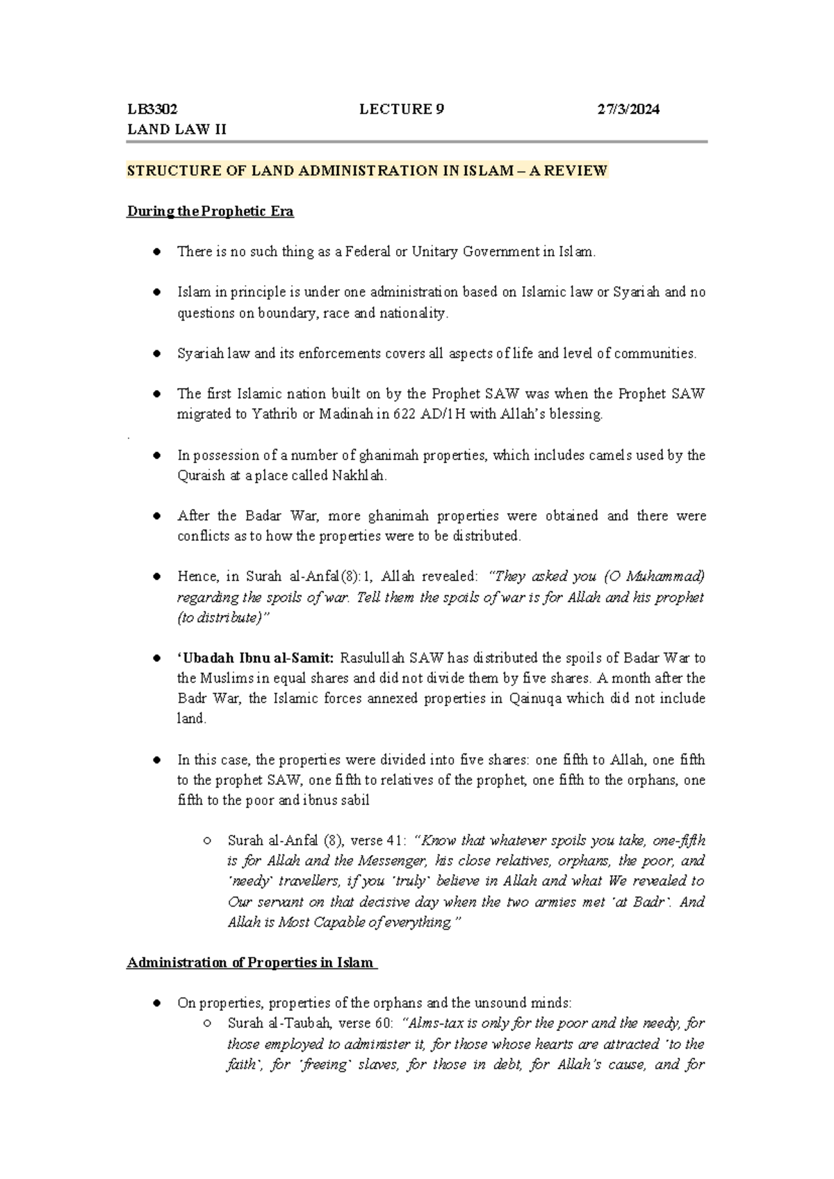 [ LB3302 ] 9. Structure of Land administration in Islam - LB3302 ...