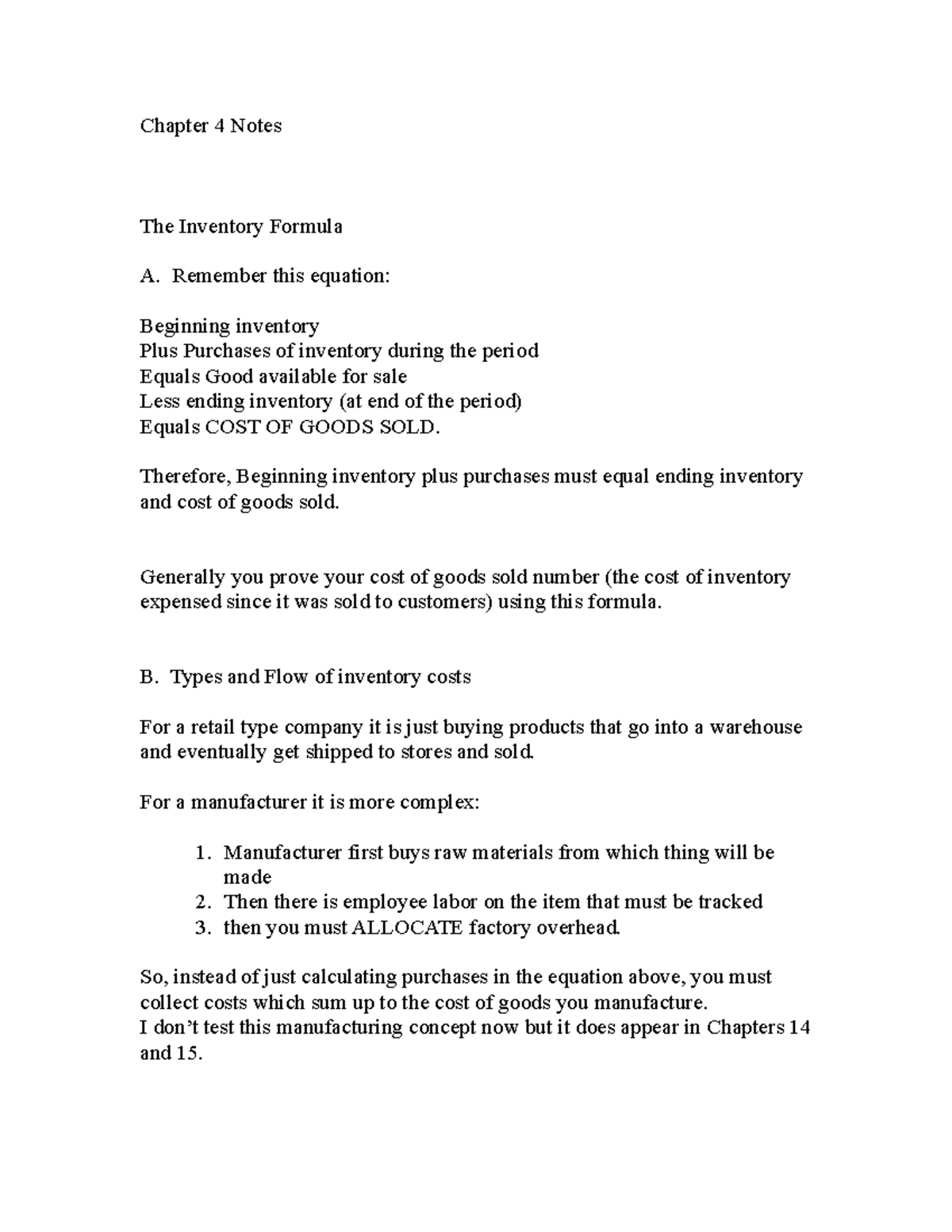 Chapter 4 Notes summer 2016 - Chapter 4 Notes The Inventory Formula A ...