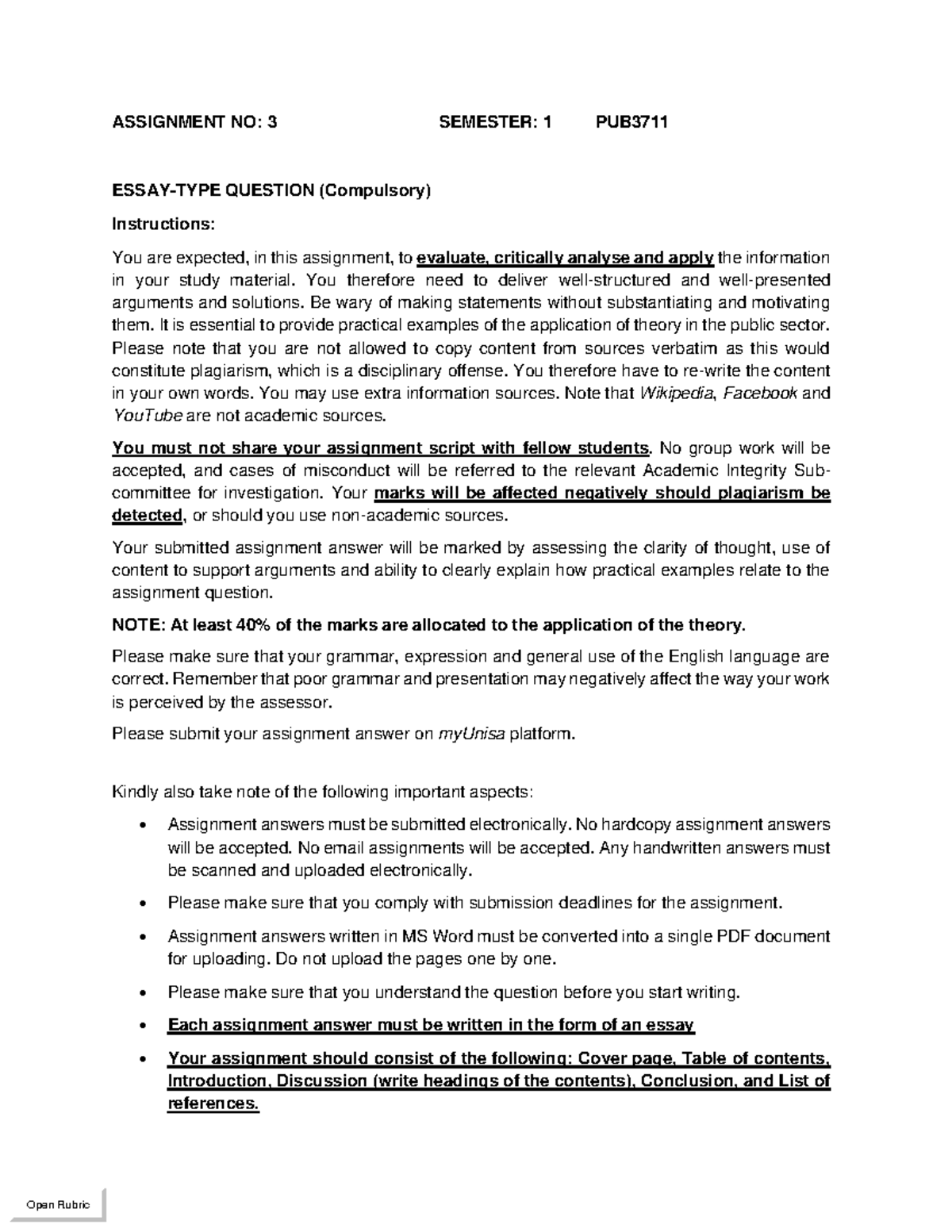 Assignment 3 - ASSIGNMENT NO: 3 SEMESTER: 1 PUB 3711 ESSAY-TYPE ...