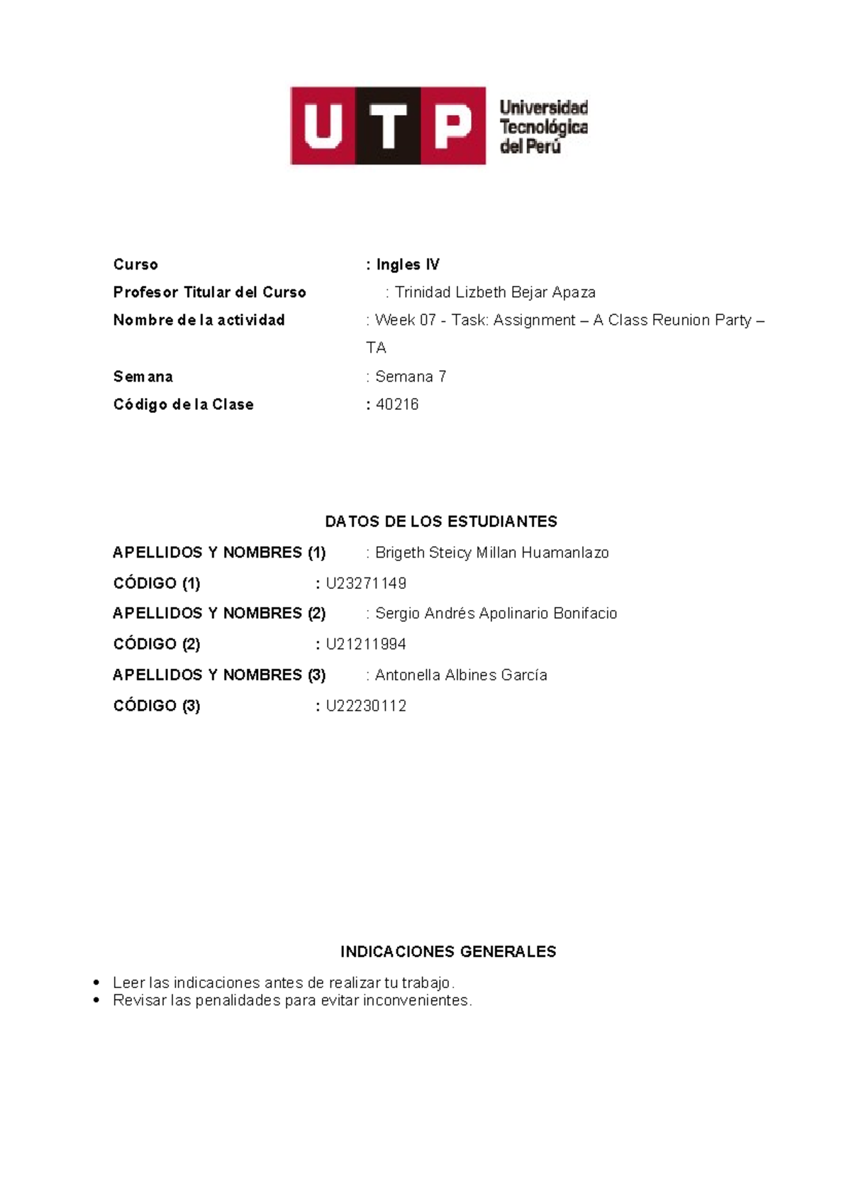 🔴 (AC-S07) Week 07 - Task Assignment – A Class Reunion Party - TA - Curso : Ingles IV Profesor ...