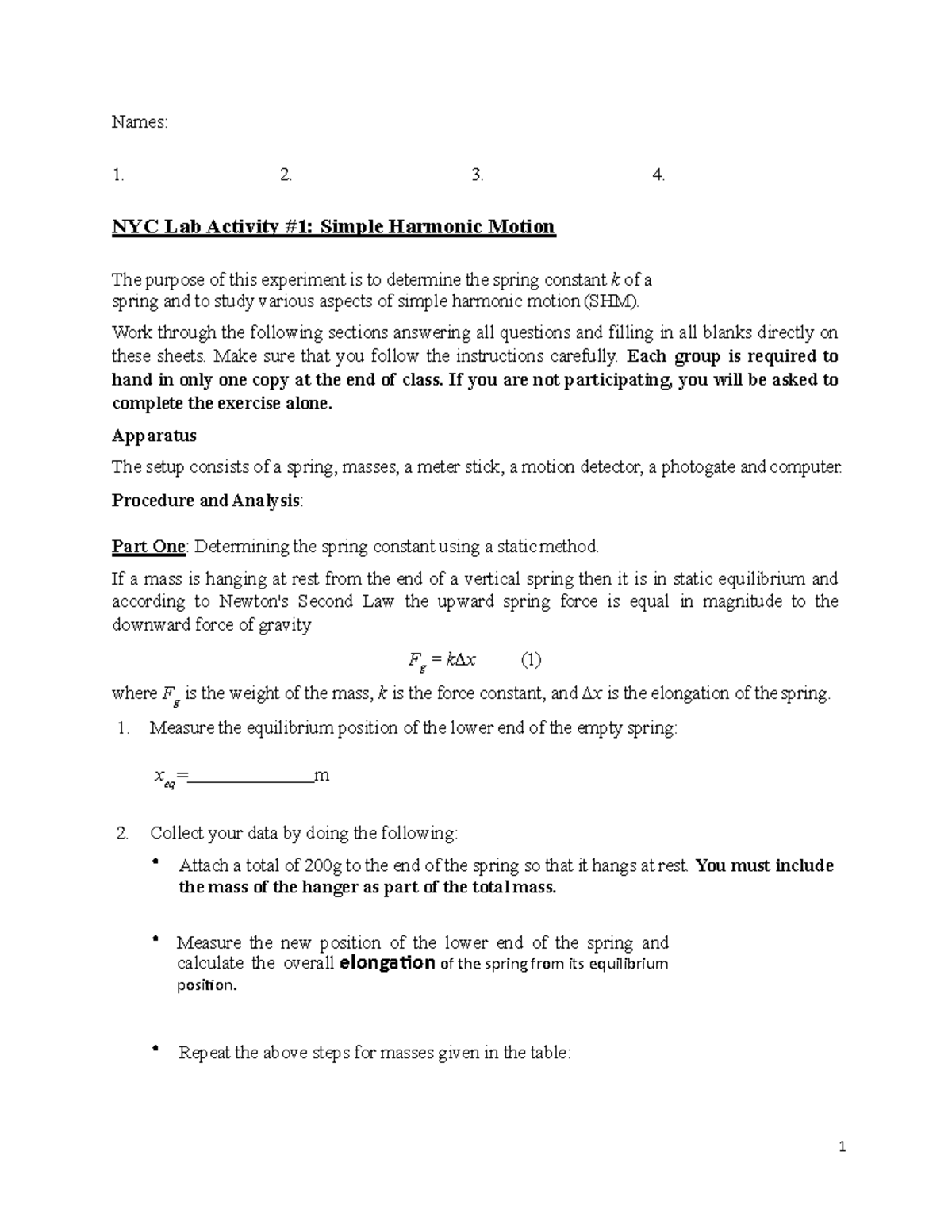 Waves - lab #1 - Names: NYC Lab Activity #1: Simple Harmonic Motion The ...
