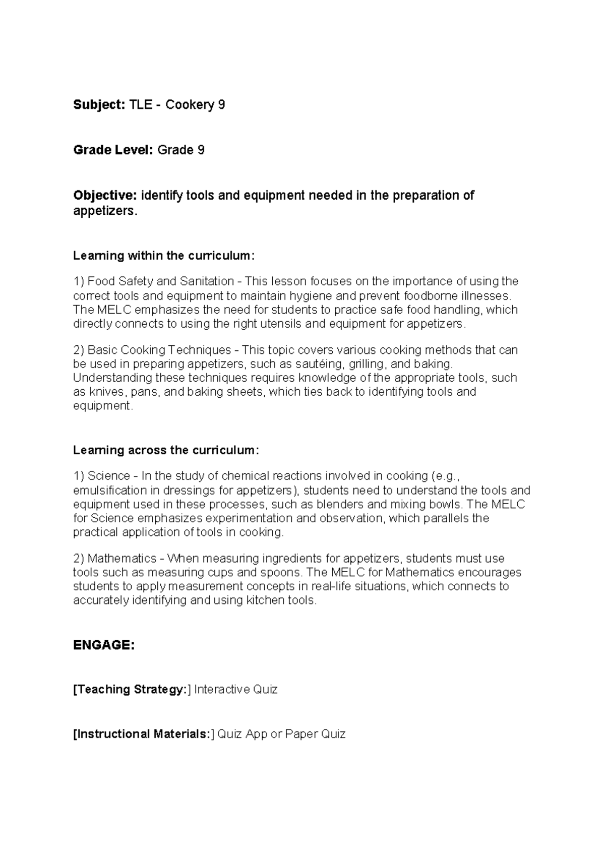 Lesson plan cookery 9 - Subject: TLE - Cookery 9 Grade Level: Grade 9 ...