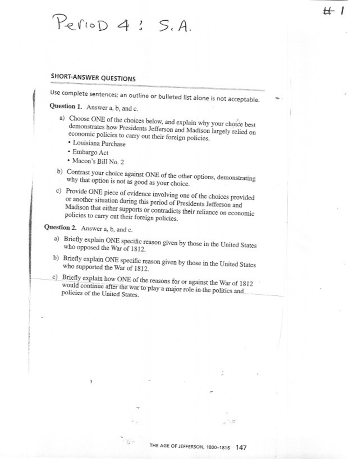 Period 4 SAQ Jefferson v. Madison War of 1812 - Studocu