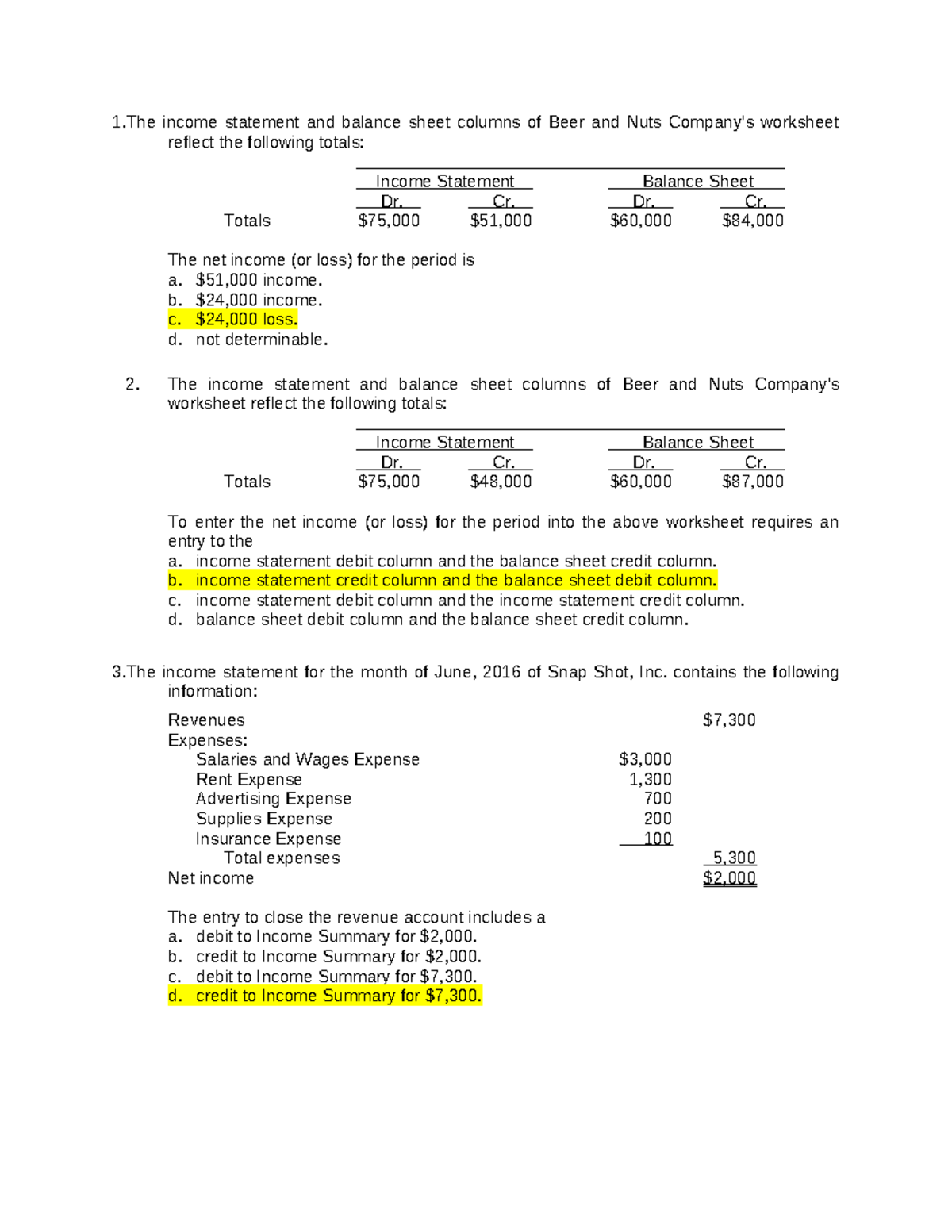 POA Mid Term Exam Practice Exam (ĐÃ LÀM) - 1 income statement and ...