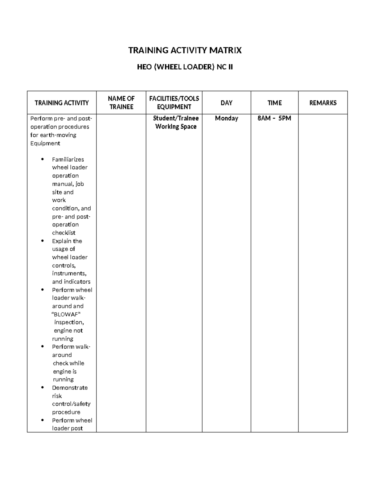 Training Activity Matrix - TRAINING ACTIVITY MATRIX HEO (WHEEL LOADER ...