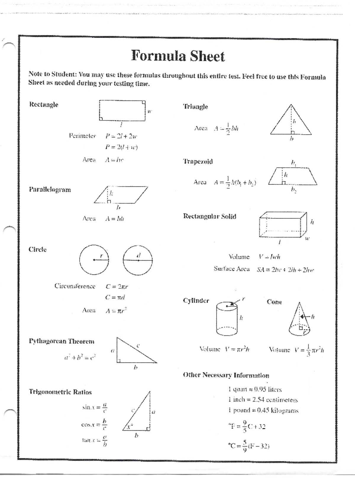 Formula Sheet C & A - ENG 204 - Studocu