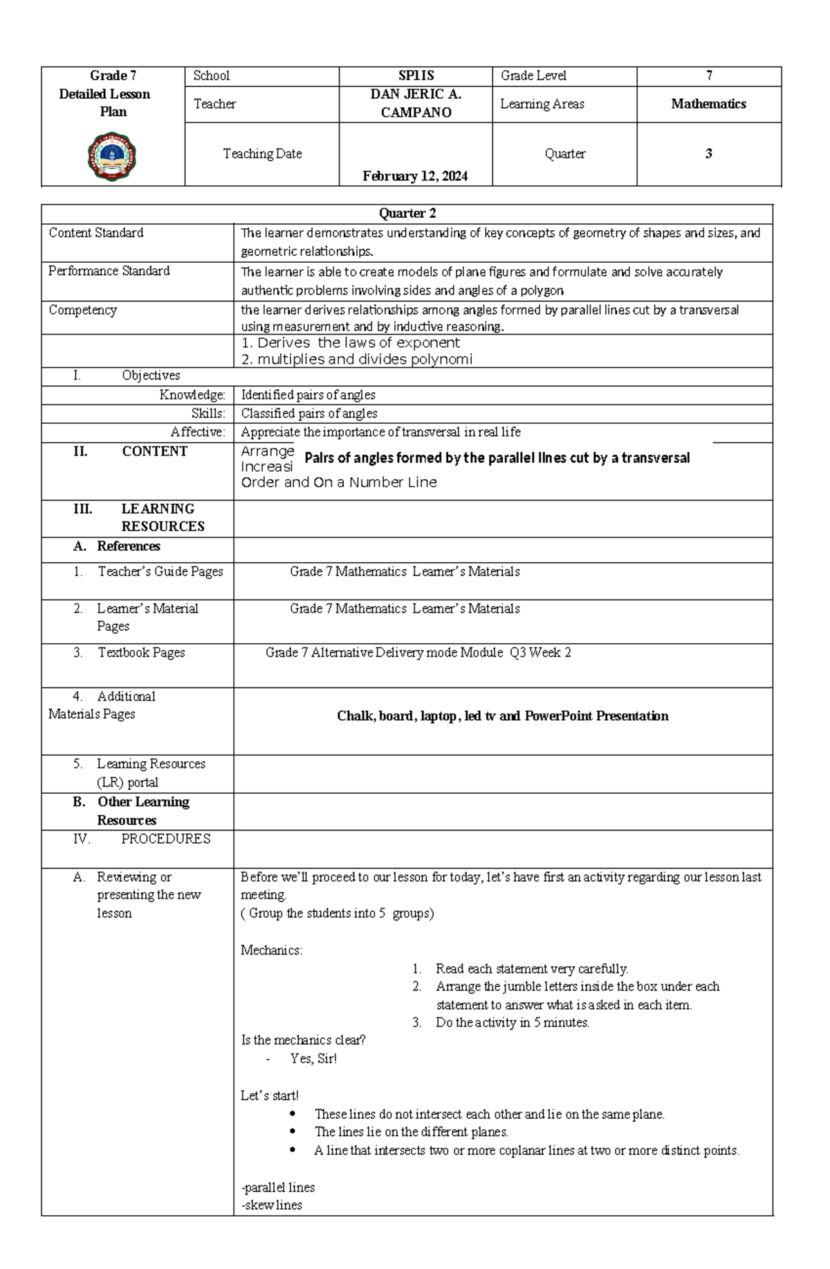 math lesson plan - Grade 7 Detailed Lesson Plan School SP1IS Grade ...