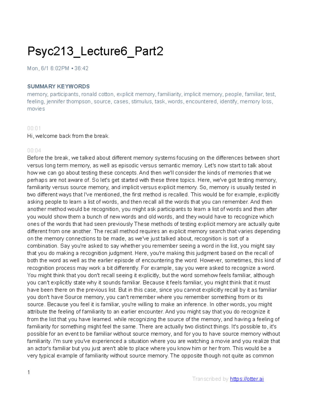 Psyc213 Lecture 6 Part2 Memory (Acquisition to Retrieval) - Psyc213_Lecture6_Part Mon, 6/1 6 ...
